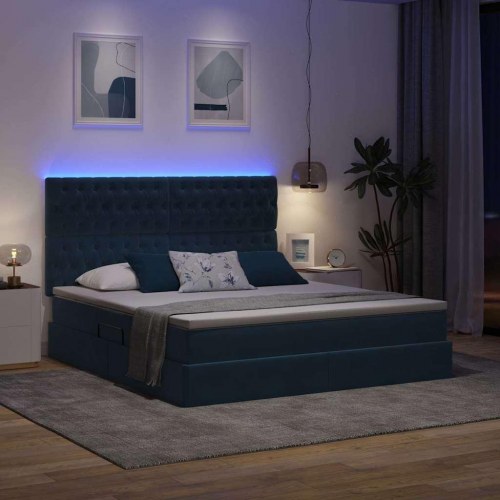 Seng med opbevaring og LED med LED Mørk blå 160 x 200 cm Fløjl