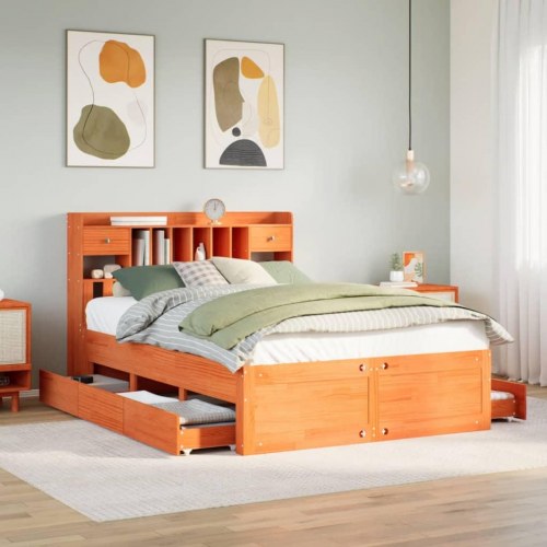 Seng med reol uden madras 140x190cm massivt fyrretræ gyldenbrun