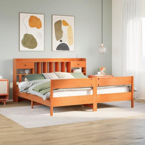 Seng med reol uden madras 200x200cm massivt fyrretræ gyldenbrun