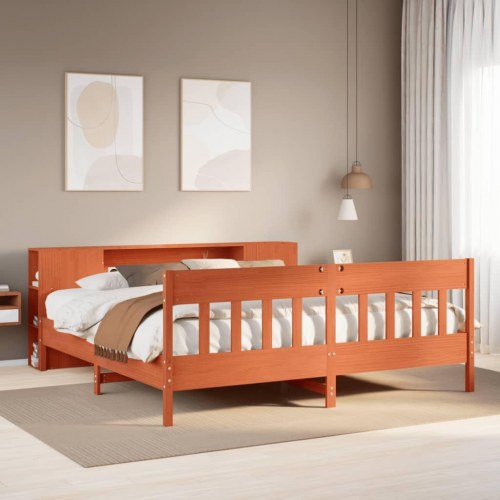 Seng med reol uden madras 180x200cm massivt fyrretræ gyldenbrun